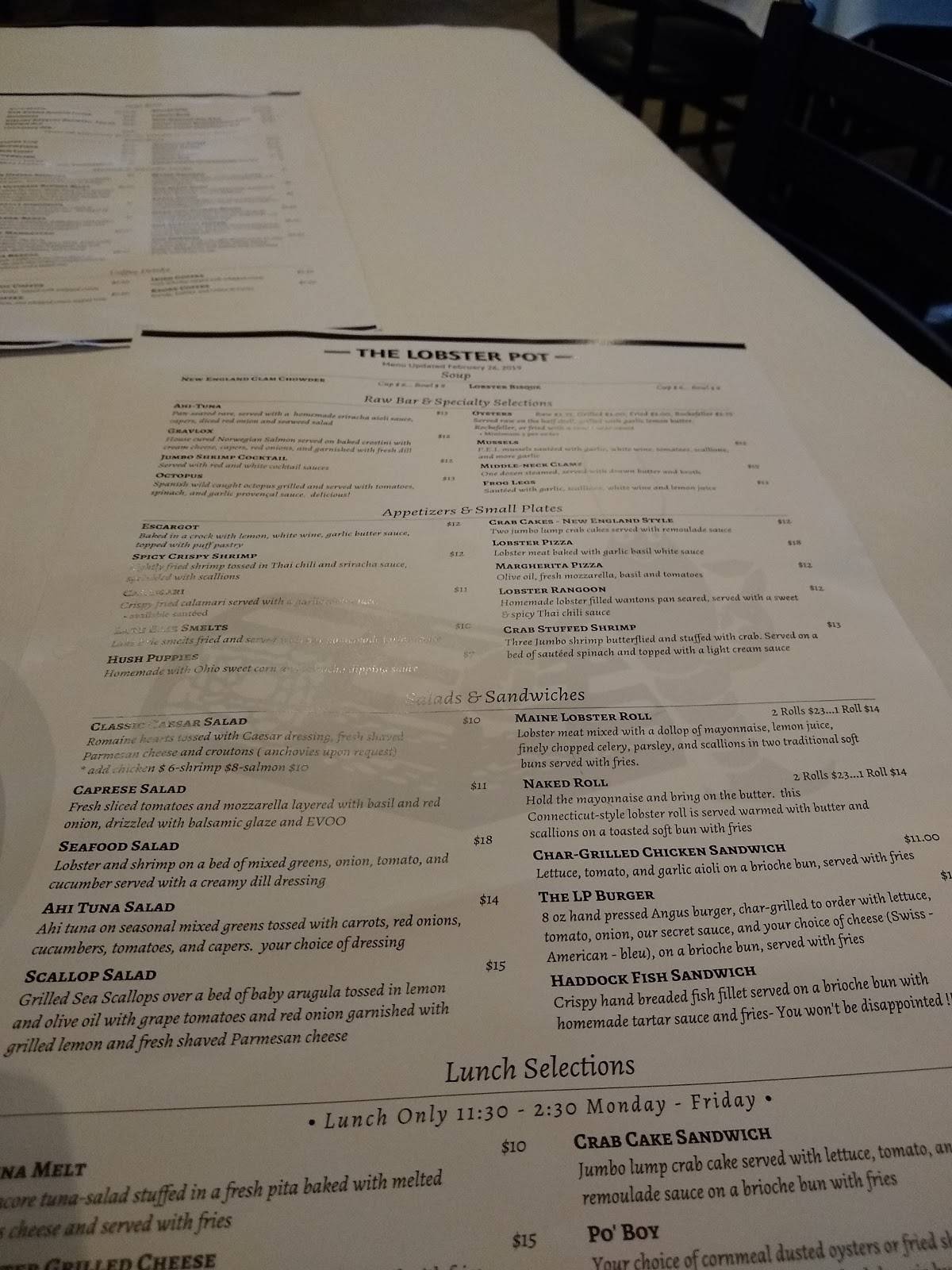 Menu at The Lobster Pot restaurant, Willoughby Hills