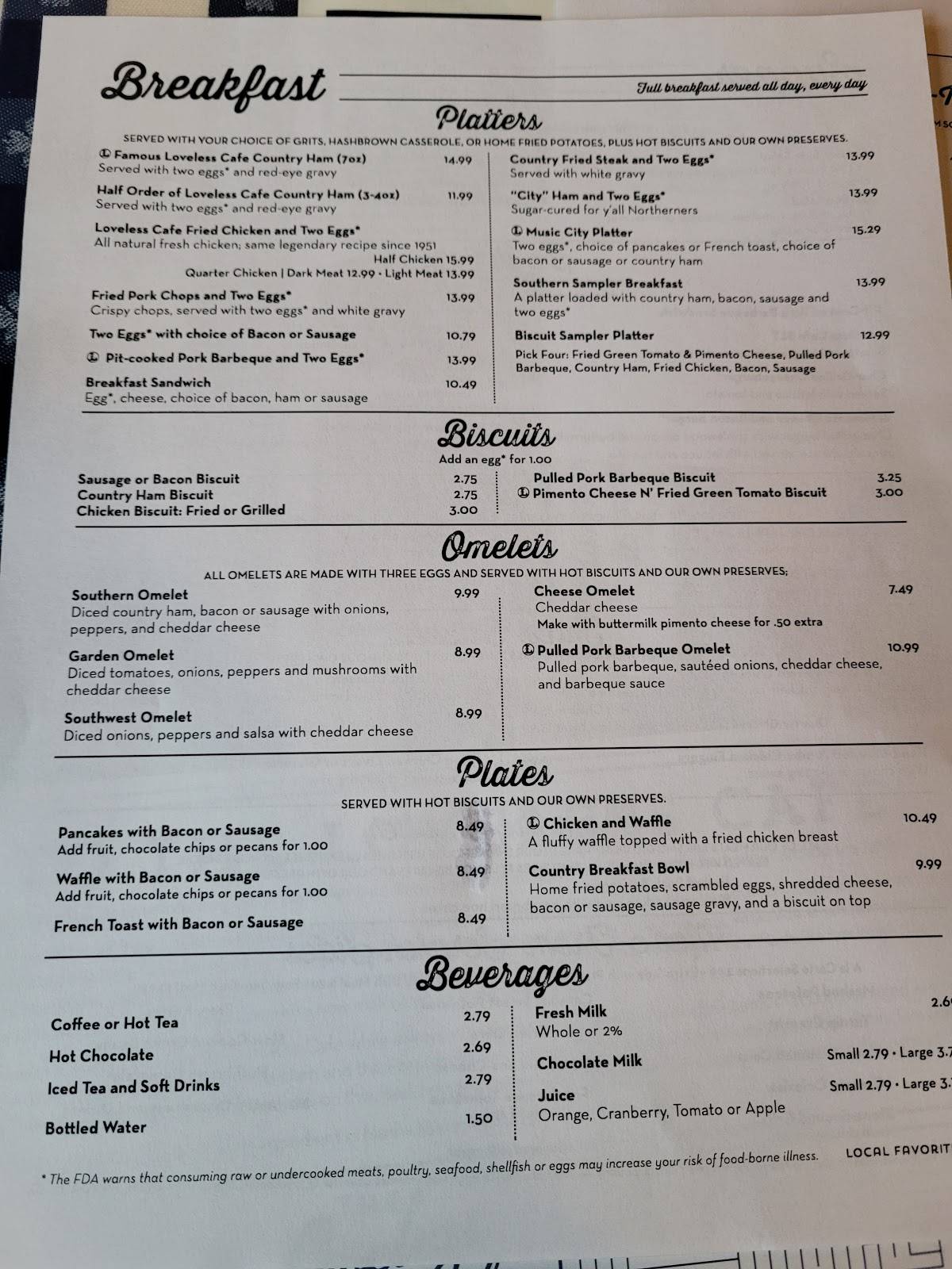 Menu at The Loveless Cafe, Nashville