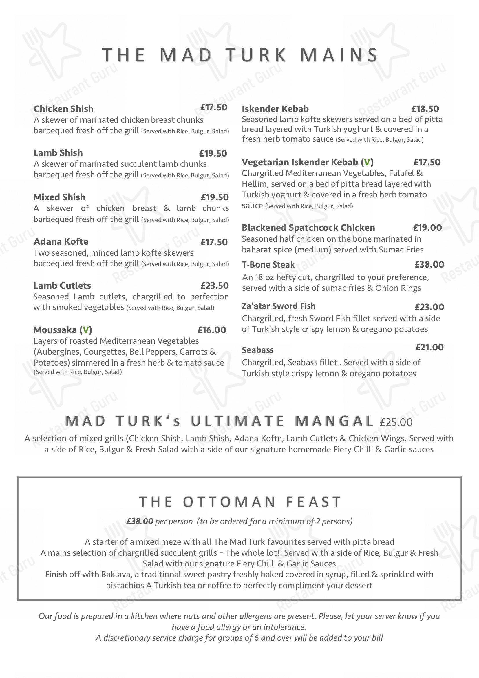 Menu at The Mad Turk restaurant, Stamford