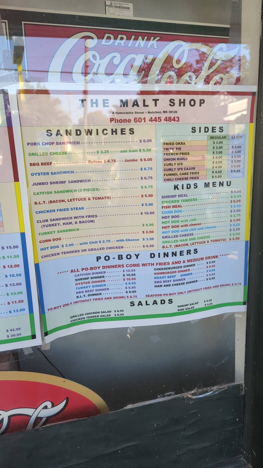 Menu at The Malt Shop fast food, Natchez