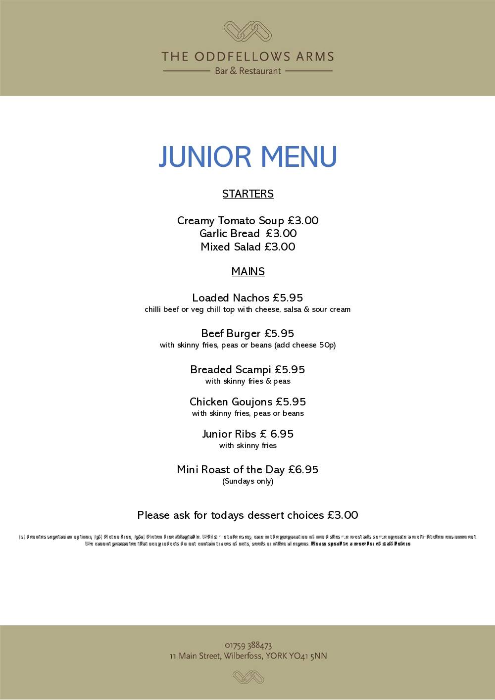 Menu at The Oddfellows Arms pub & bar, Wilberfoss