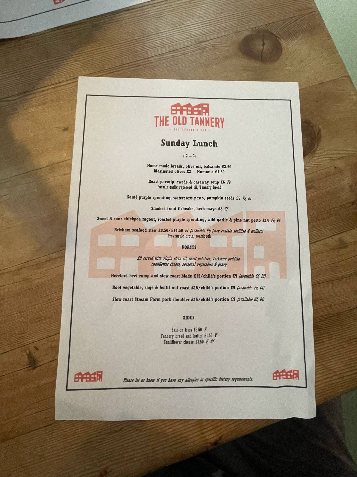 Menu at The Old Tannery restaurant, Glastonbury