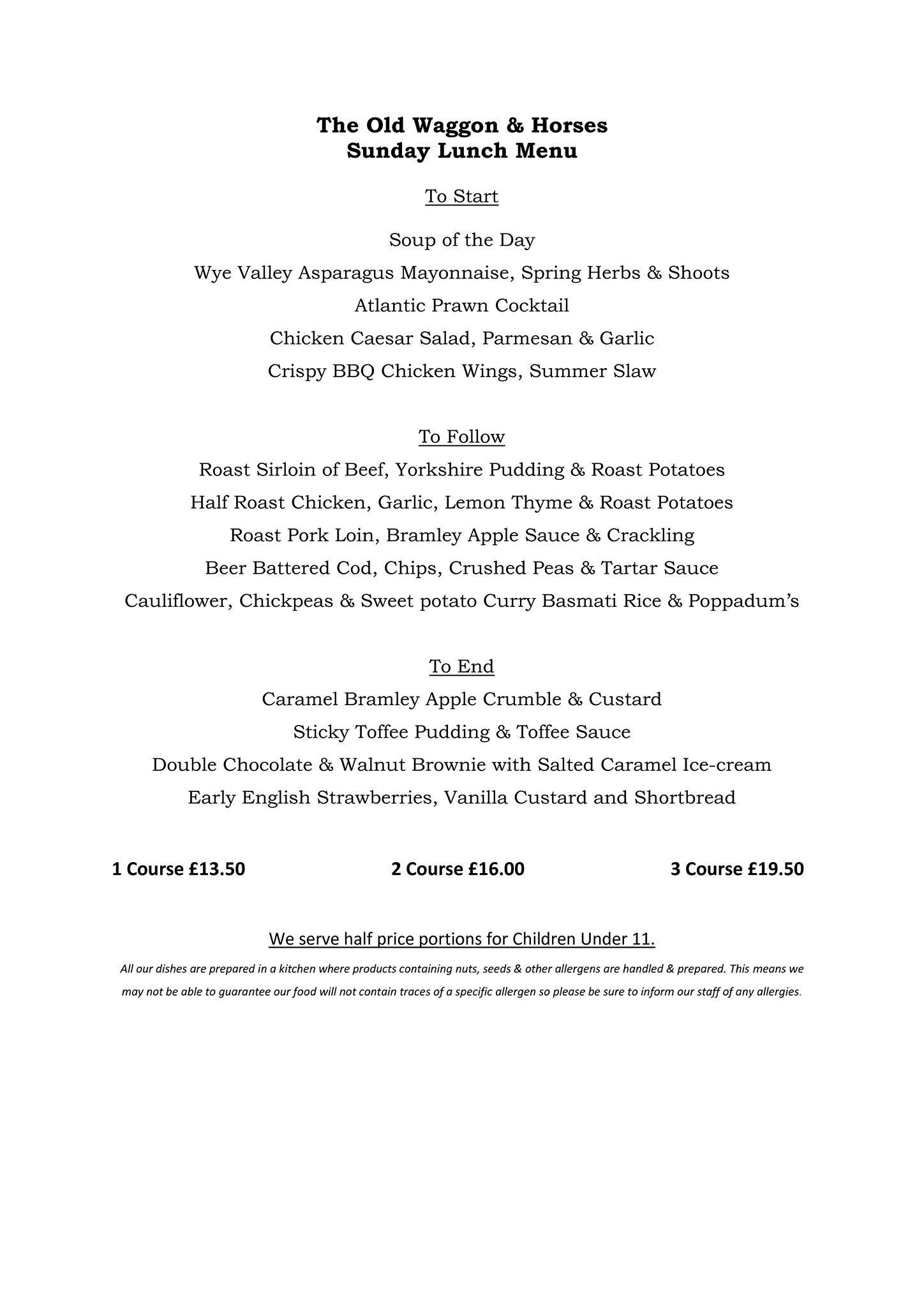 Menu at The Old Waggon and Horses 1812 pub & bar, Kidderminster, The ...