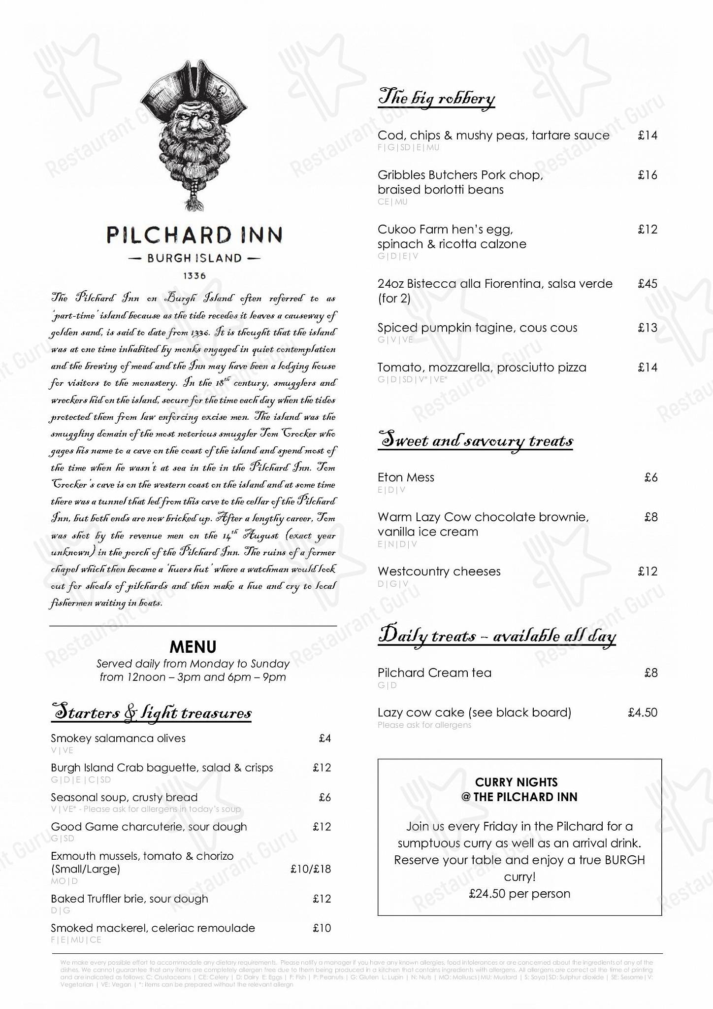 Menu at The Pilchard Inn pub & bar, Bigbury-on-Sea
