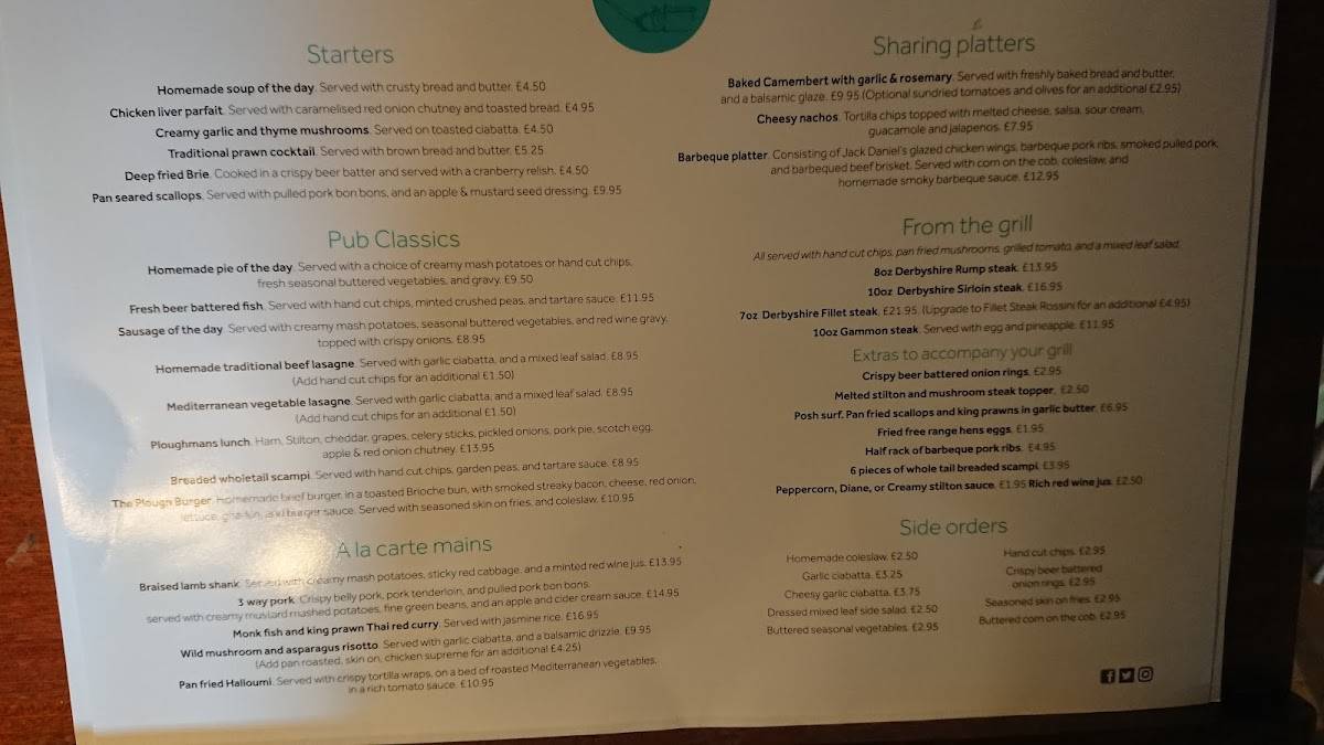 Menu at The Plough Inn at Brackenfield pub & bar, South Wingfield
