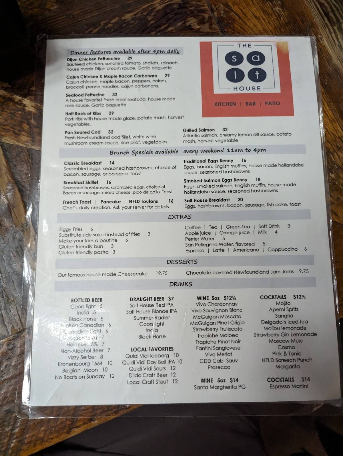 Menu at The Salt House Kitchen restaurant, St. John's