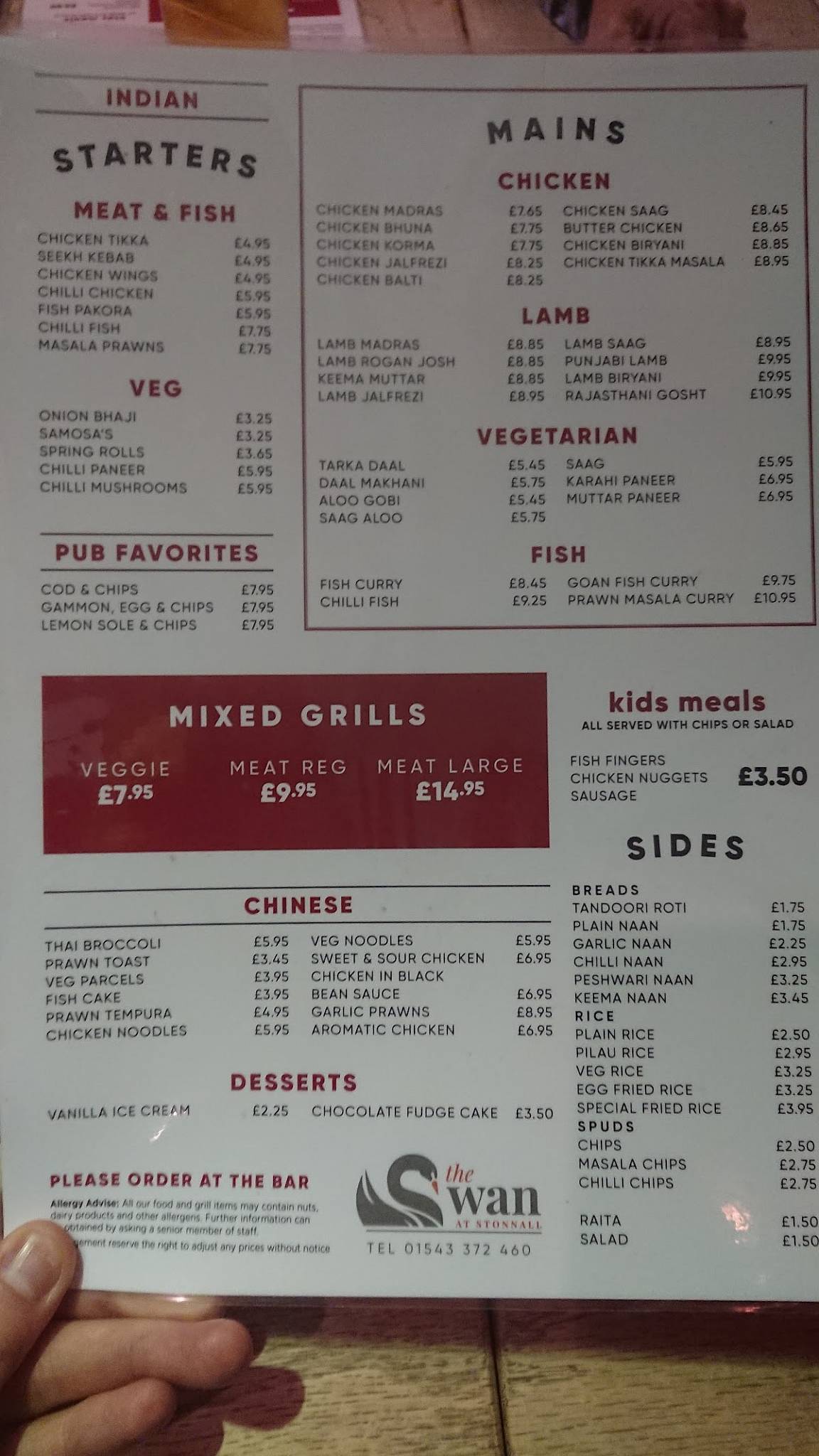 Menu at The Swan at Stonnall pub & bar, Walsall