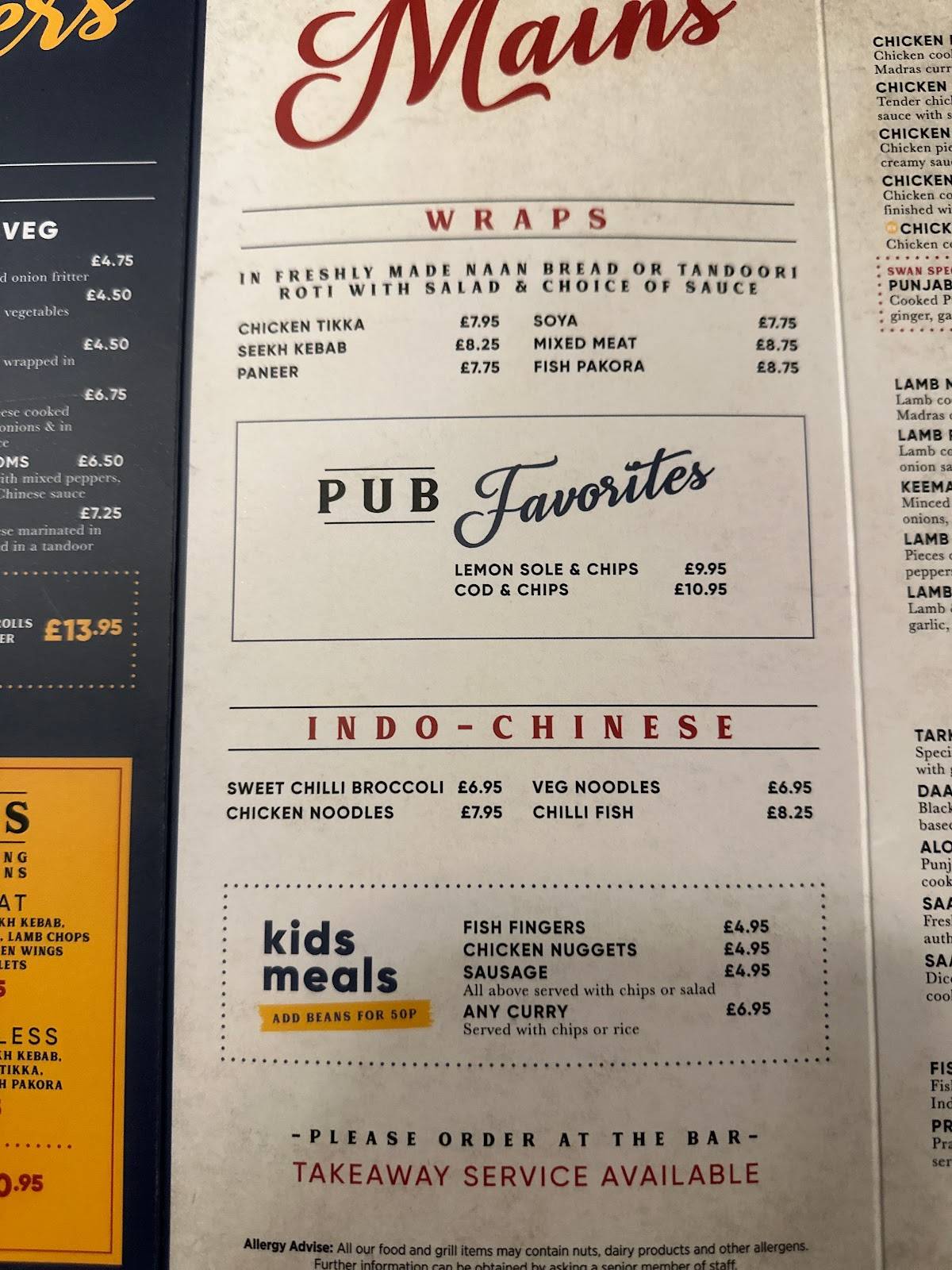 Menu at The Swan at Stonnall pub & bar, Walsall
