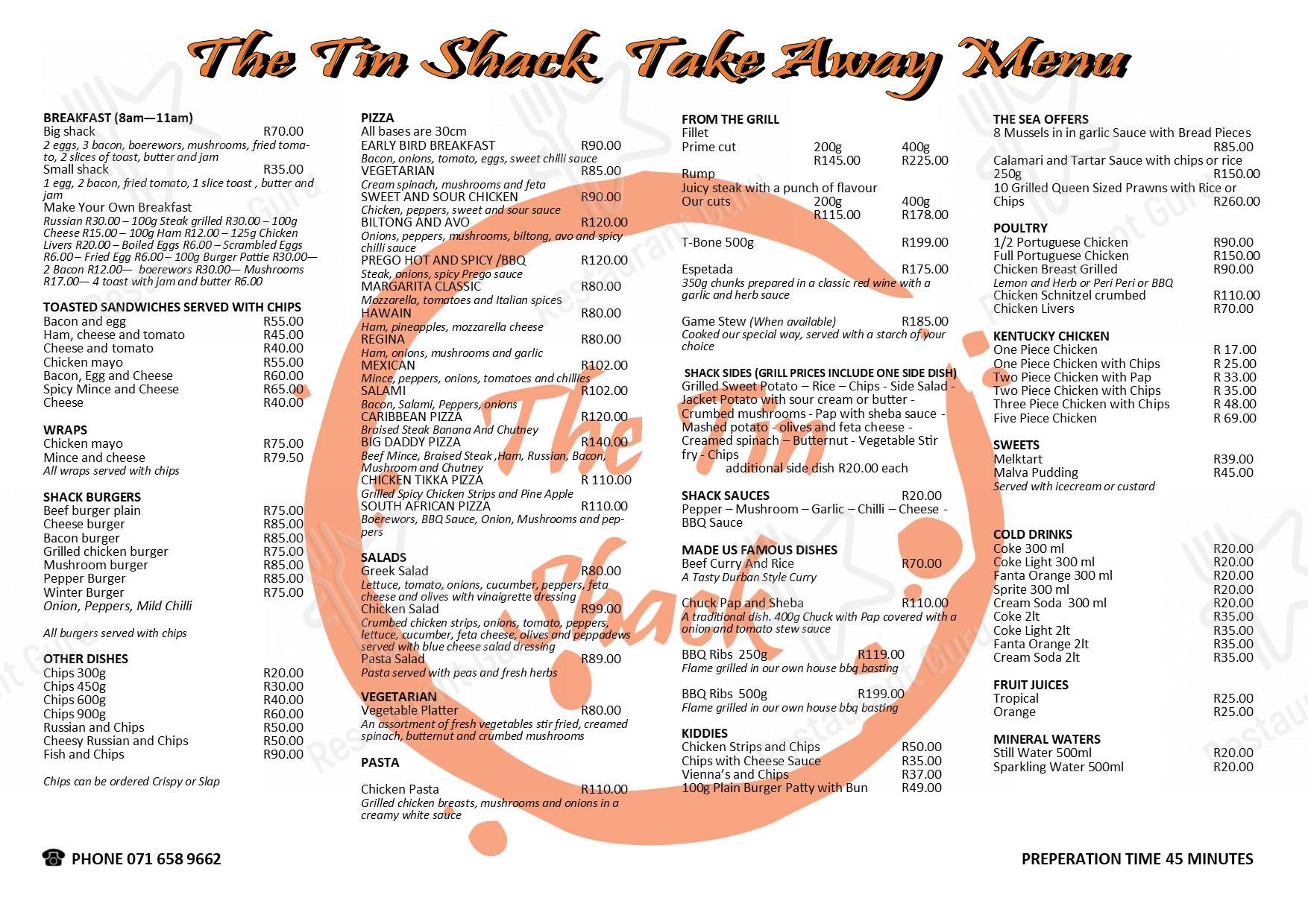 Menu at Tin Shack Restaurant, Marloth Park