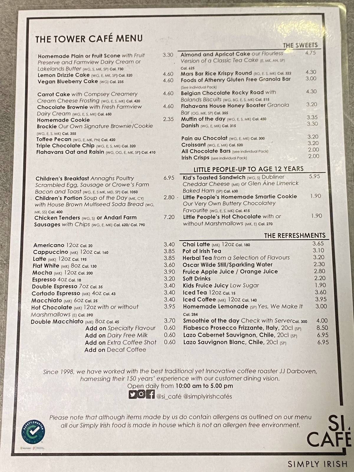 Menu at The Tower Cafe, Dublin, Glasnevin Cemetery
