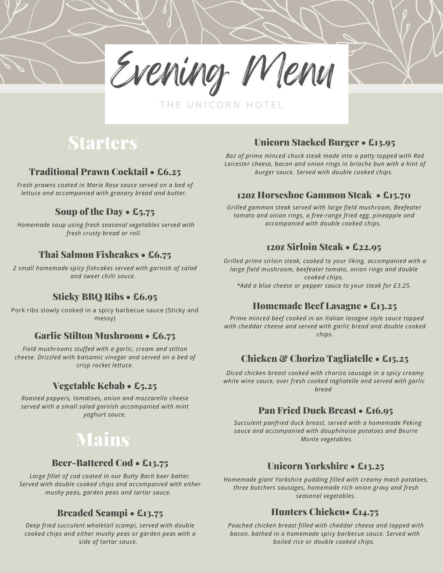 Menu at The Unicorn Bar & Restaurant, Caersws