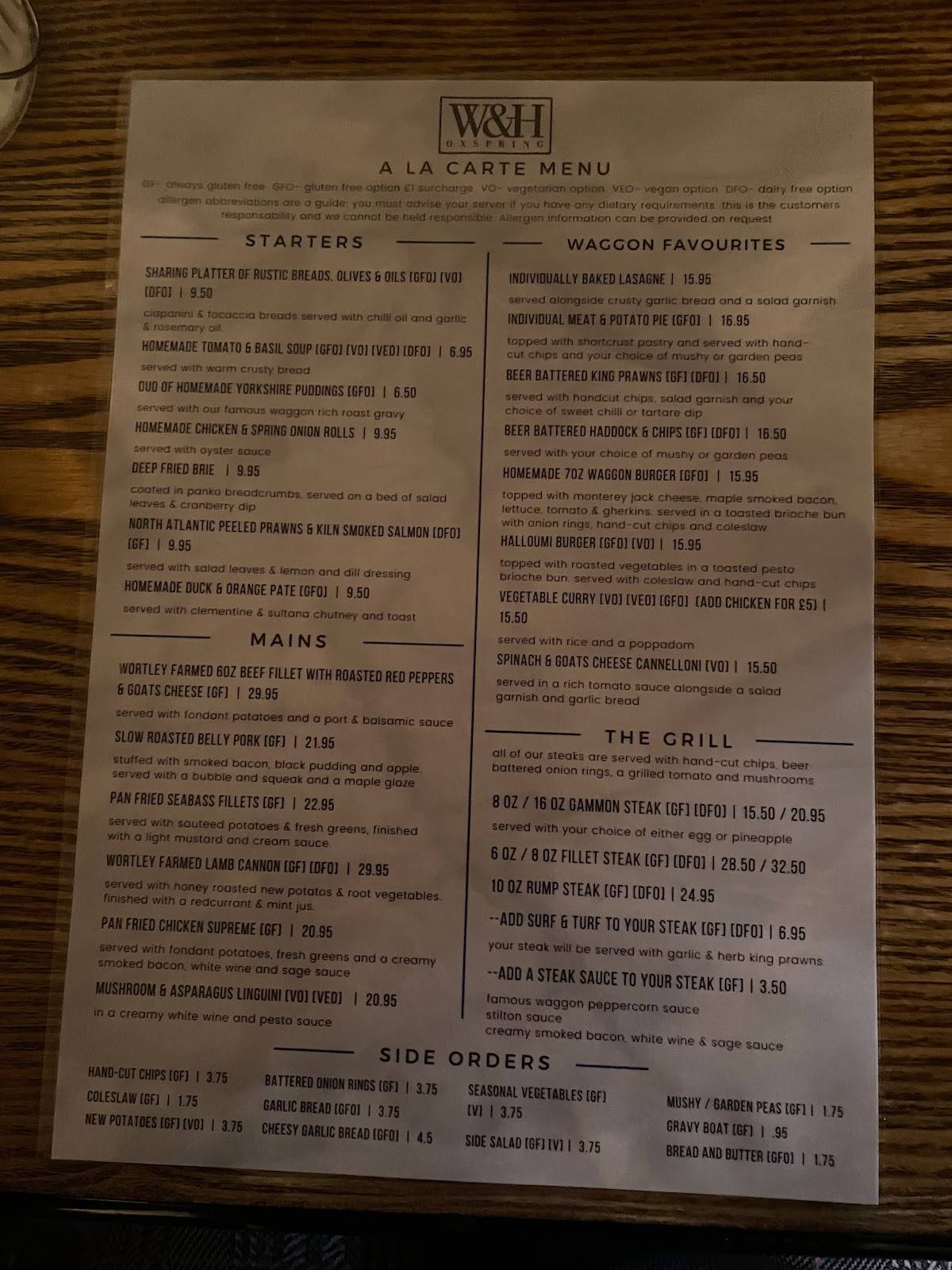 Menu at The Waggon & Horses pub & bar, Sheffield, Sheffield Rd