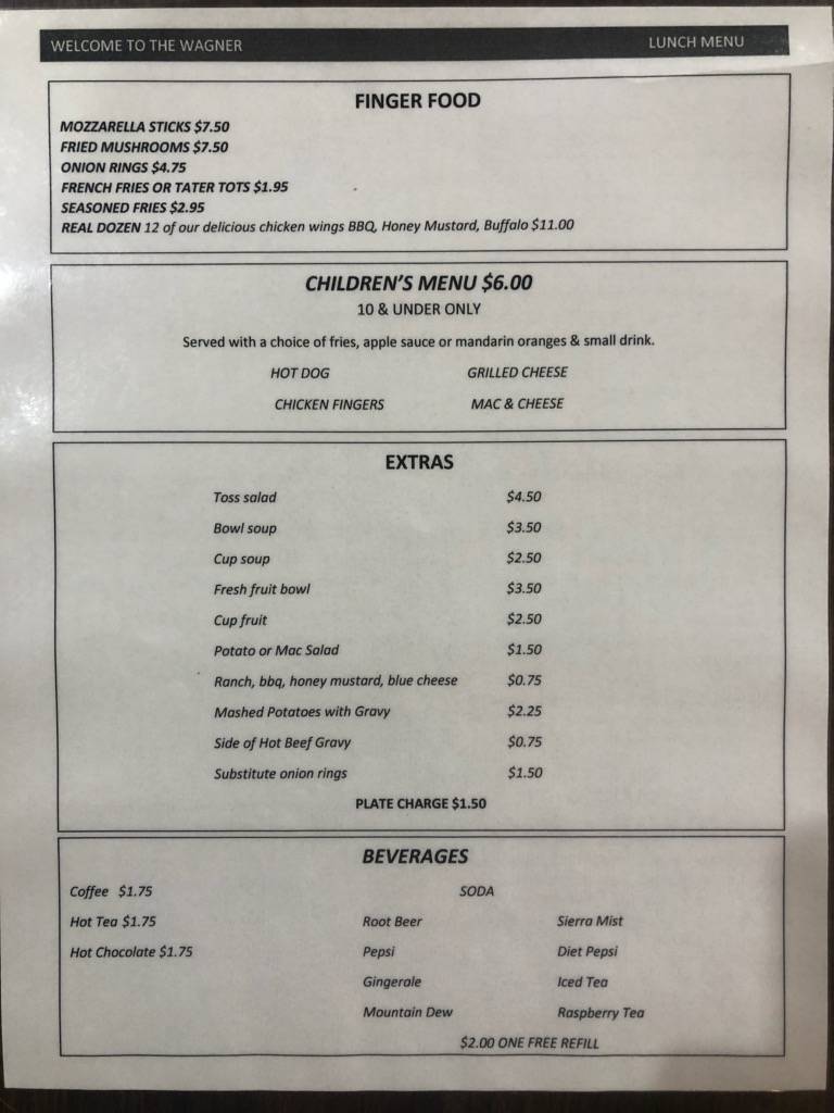 Menu at The Wagner Restaurant, Penn Yan