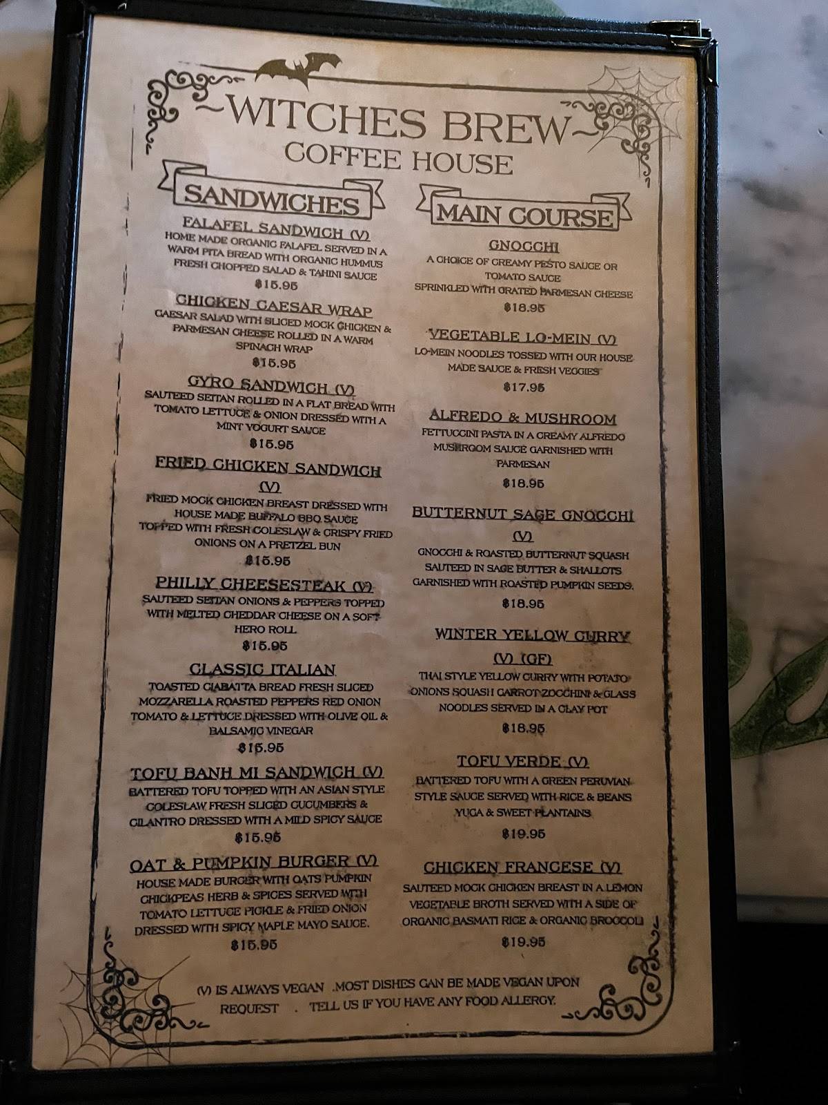 Menu at The Witches Brew cafe, West Hempstead