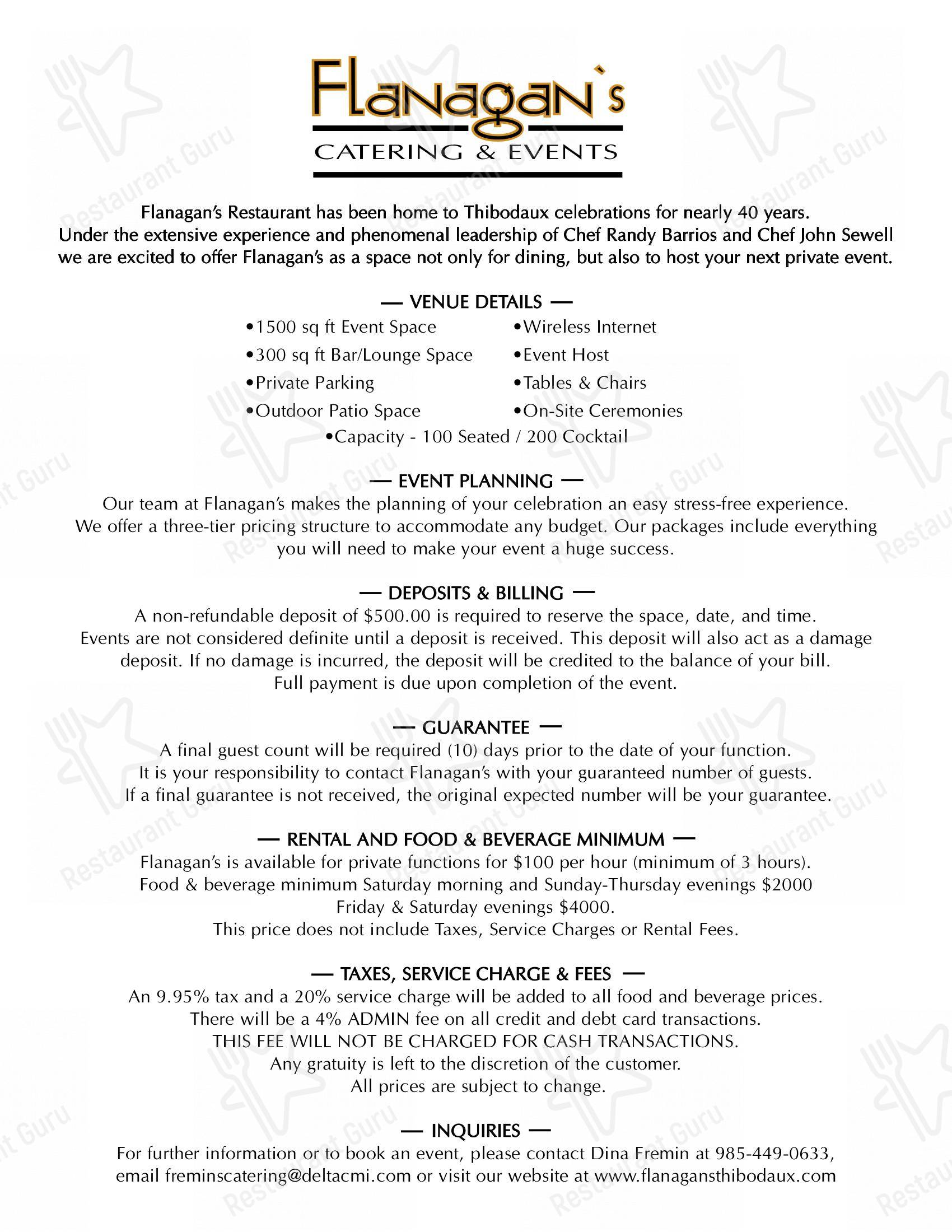 Menu at Flanagan's Creative Food restaurant, Thibodaux