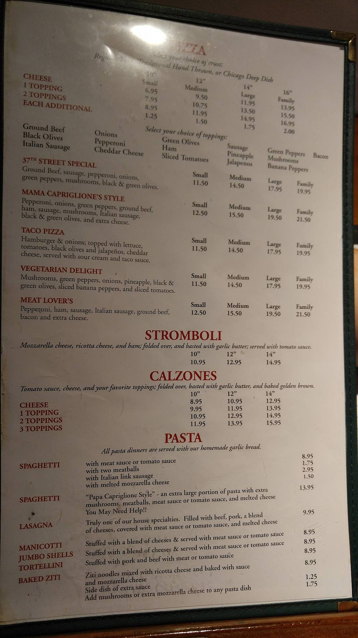Menu at Thirty Seventh Street Pizzaria pizzeria, New Bern