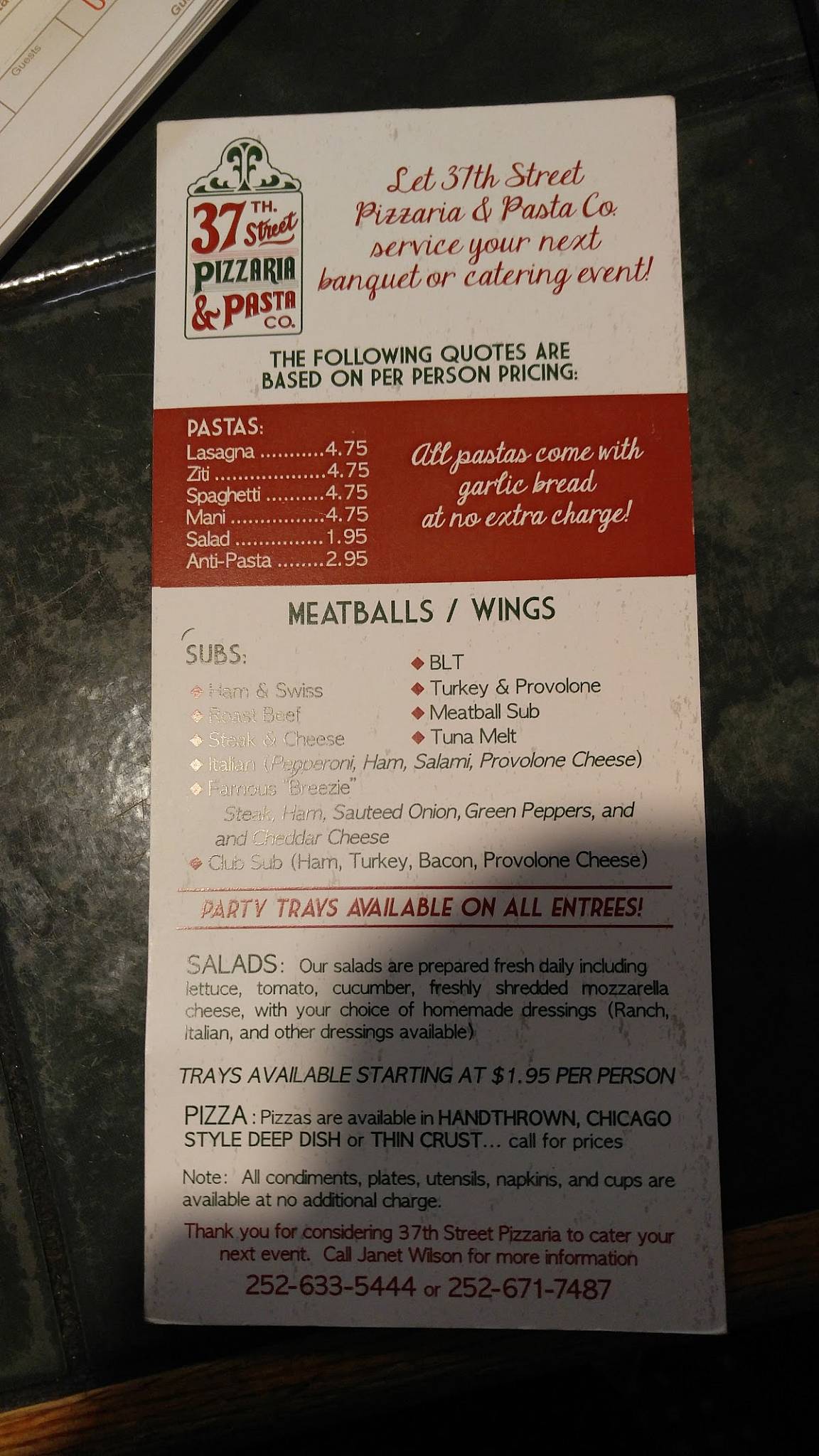 Menu at Thirty Seventh Street Pizzaria pizzeria, New Bern