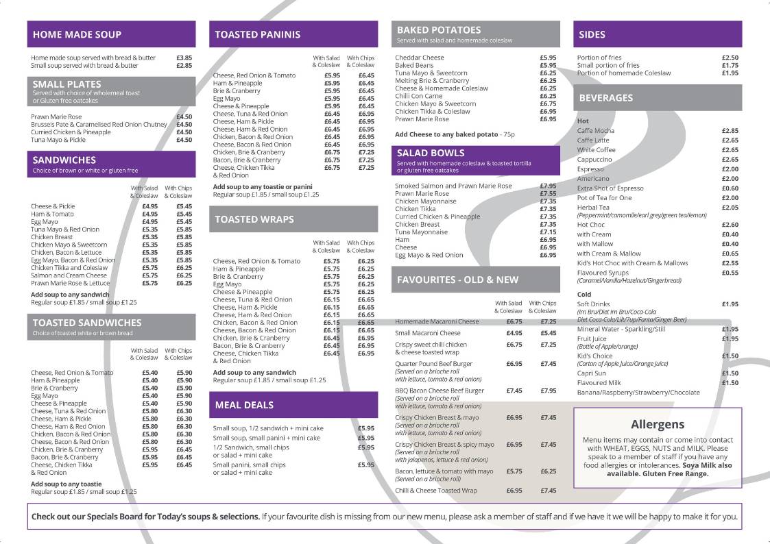 Menu at Thomas Muir Coffee Shop cafe, Glasgow, Huntershill Village (Upper