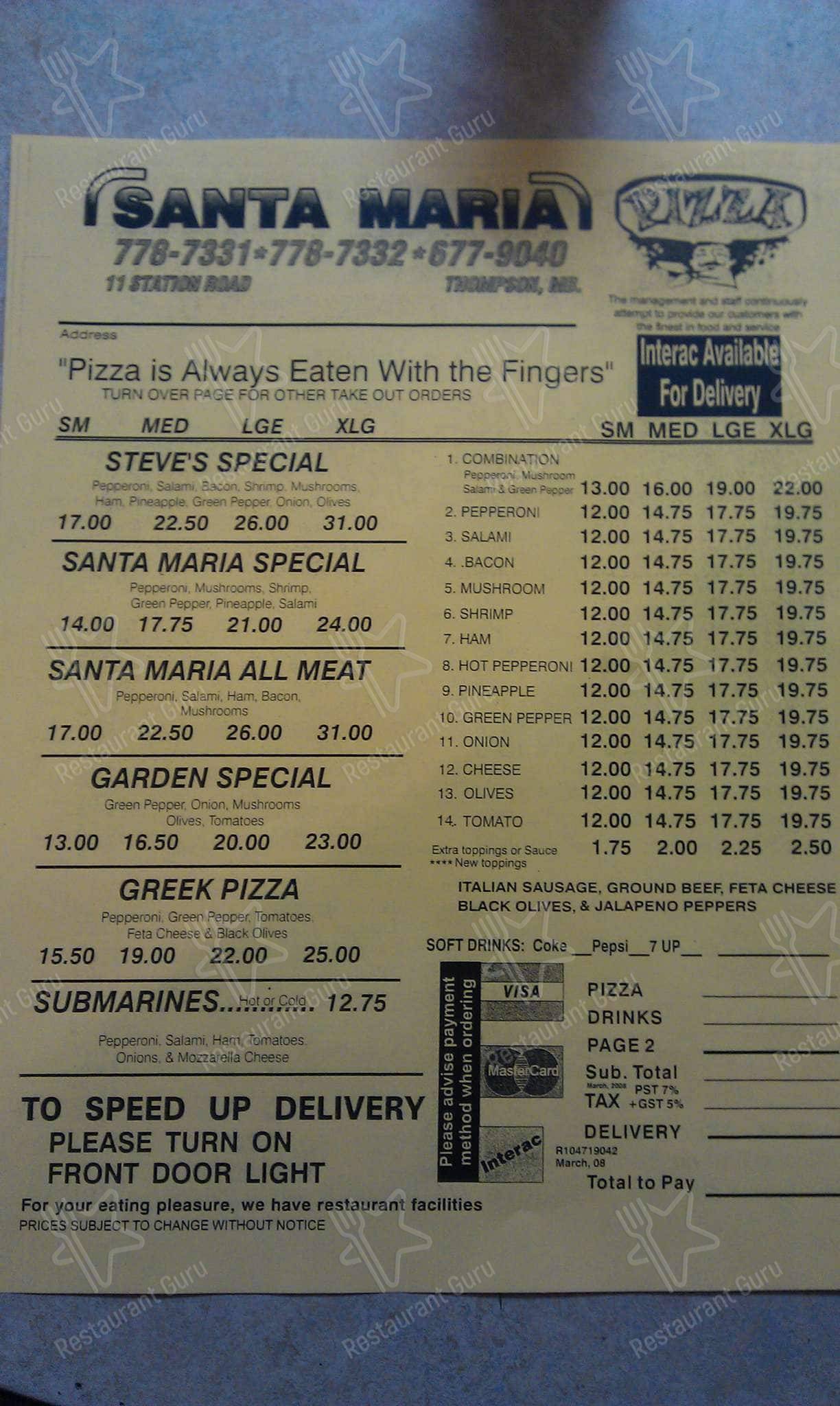 Menu at Santa Maria Pizza & Spaghetti House pizzeria, Thompson