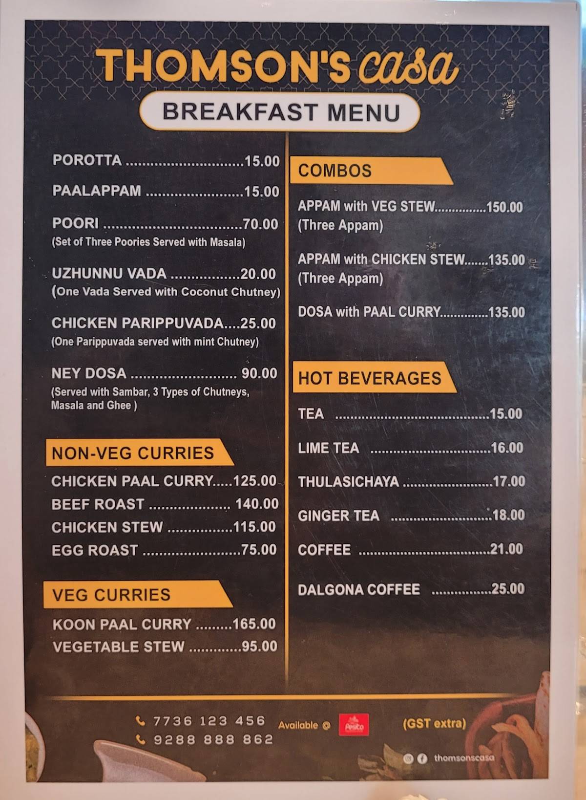 Menu at Thomson's Casa, Thrissur