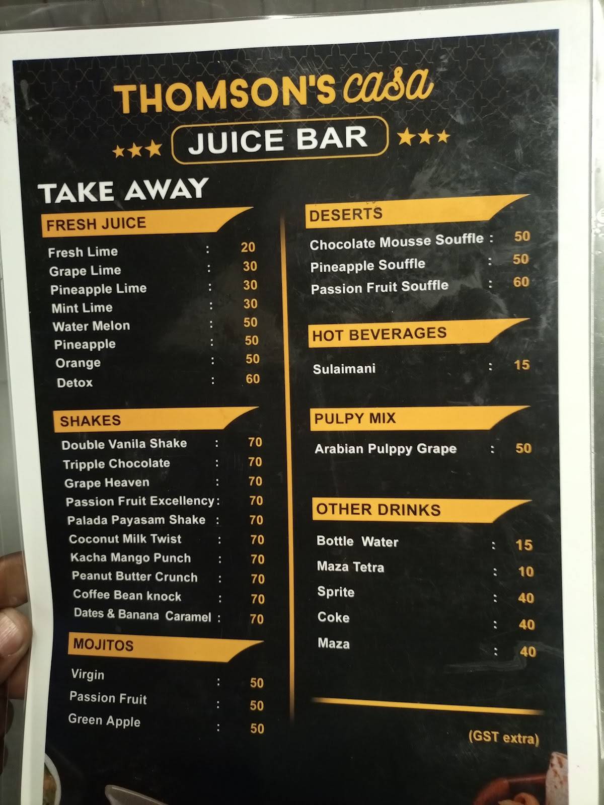 Menu at Thomson's Casa, Thrissur