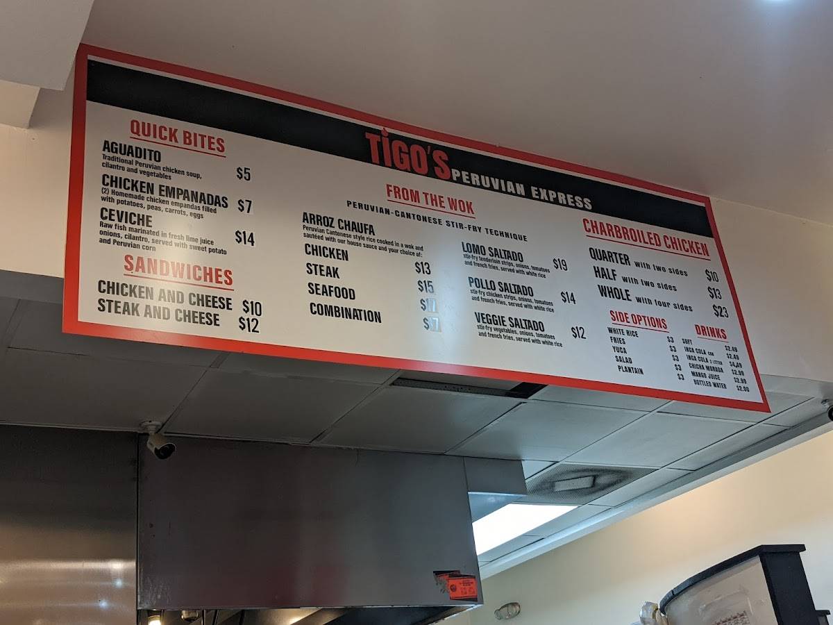 Menu at Tigo's Peruvian Express restaurant, Washington
