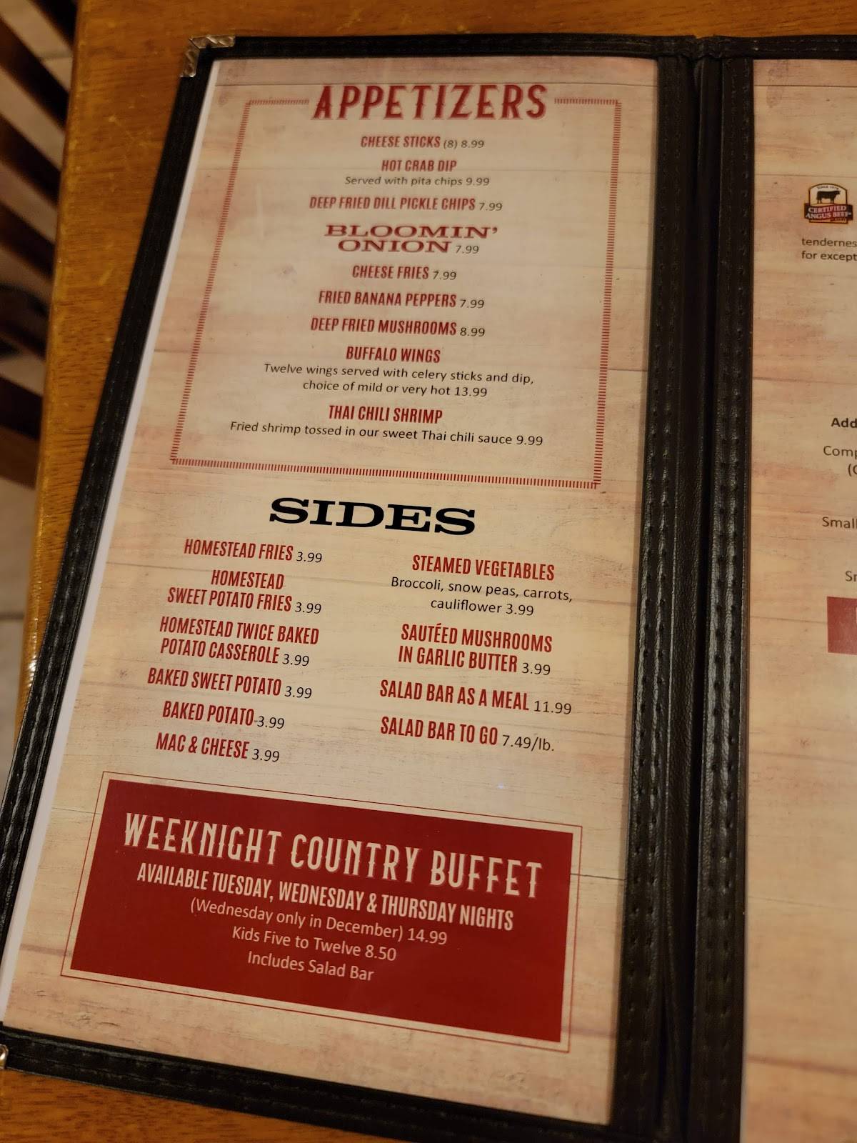 Menu at Homestead Steakhouse & Restaurant, Timberlake, 205 Frank ...