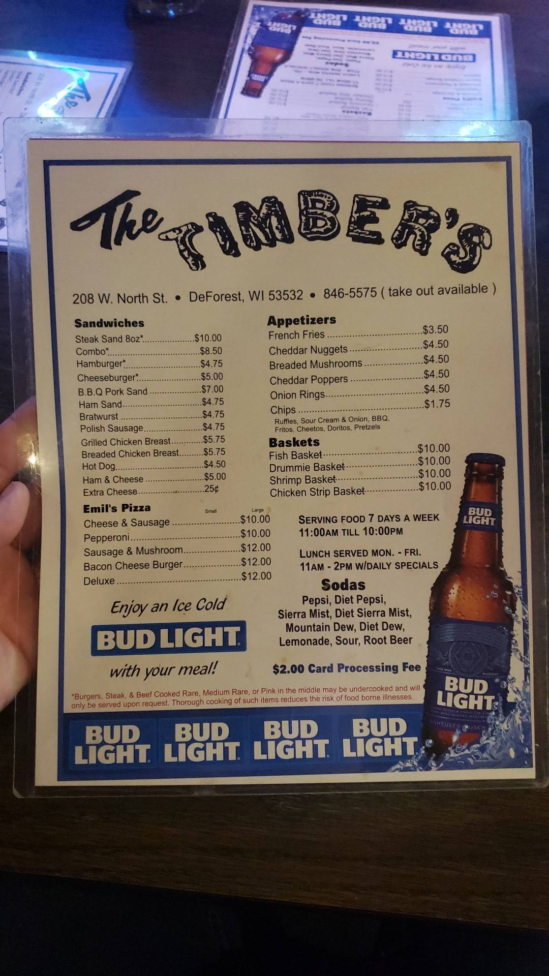 Menu at Timbers Tavern Bar & Grill, DeForest