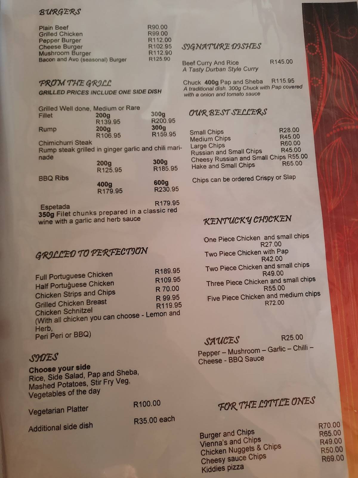 Menu at Tin Shack Restaurant, Marloth Park