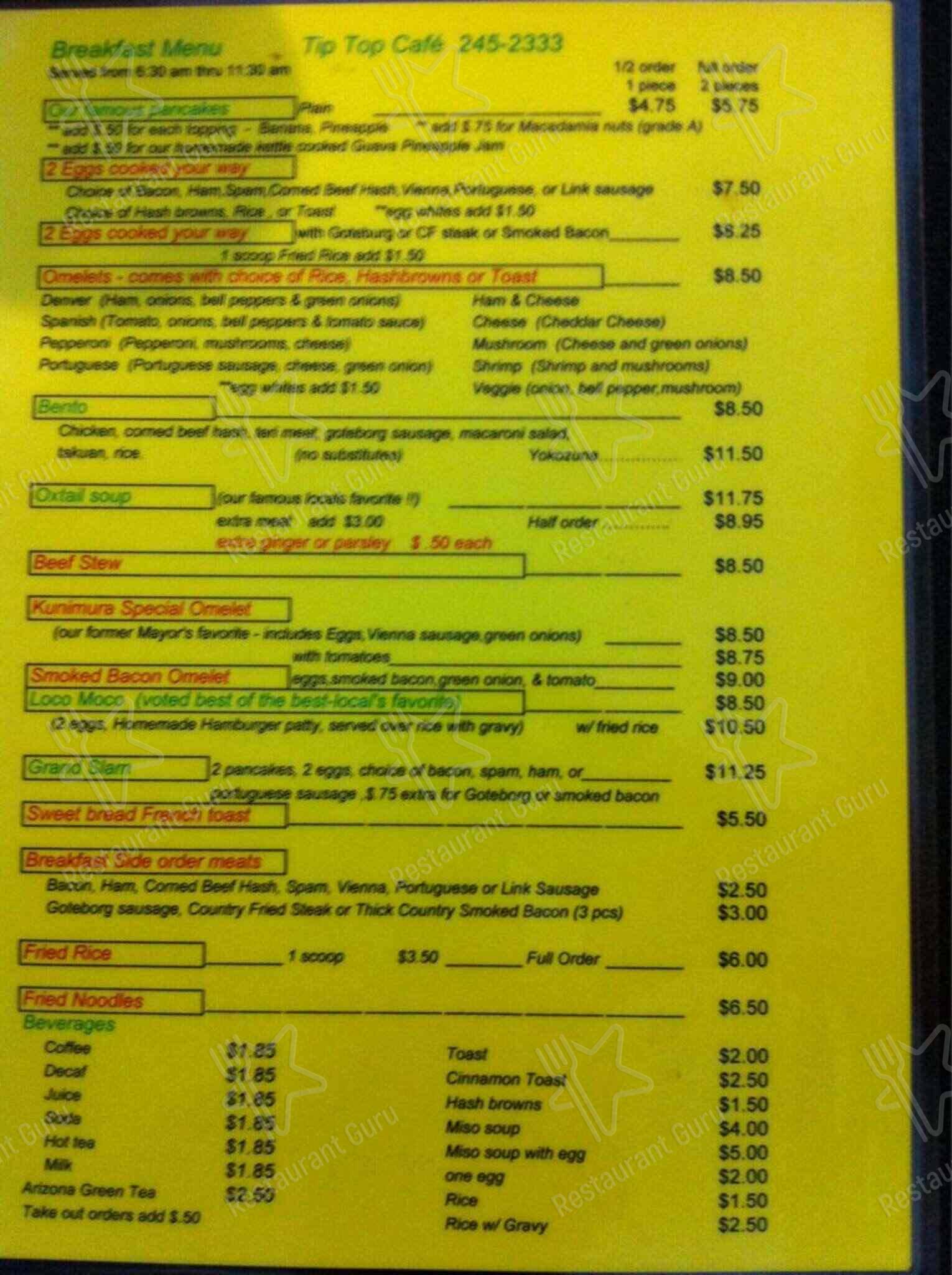 Menu at Tip Top Motel, Cafe, And Bakery, Lihue