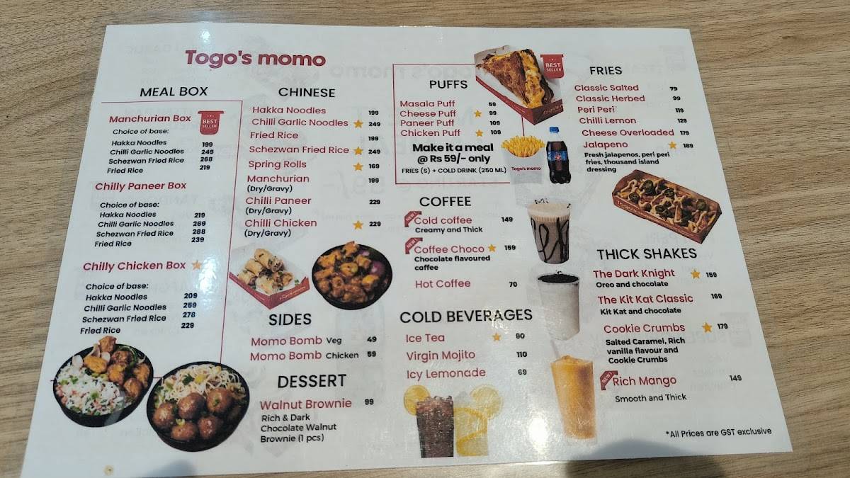 Menu at Togo's momo, Lucknow, K-830