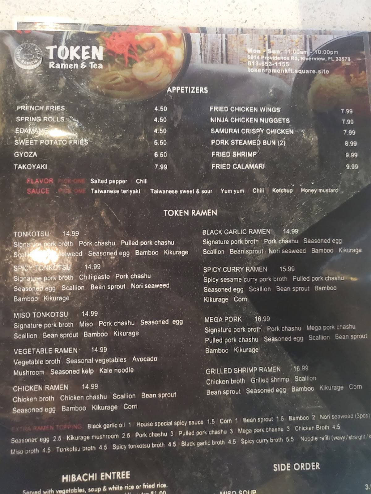 Menu at Token Ramen & Kung Fu Tea restaurant, Riverview