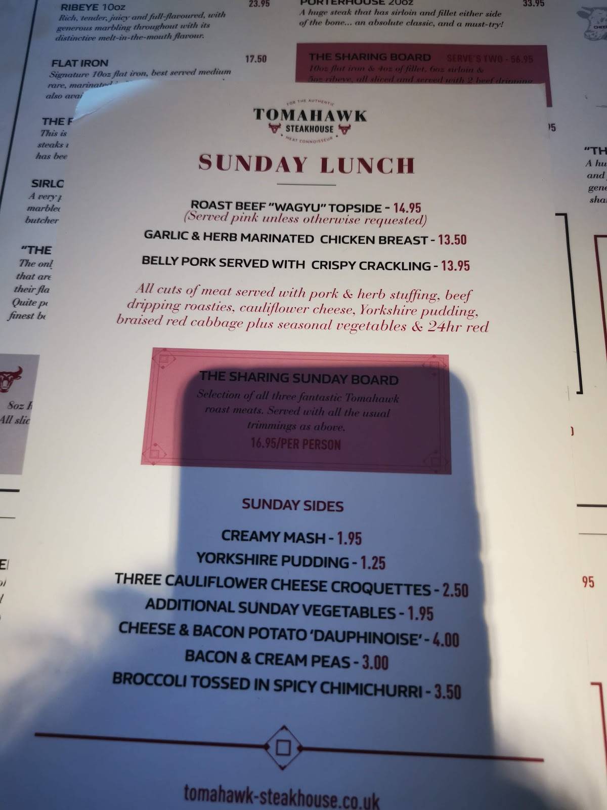 Menu at Tomahawk Steakhouse Beverley, Beverley