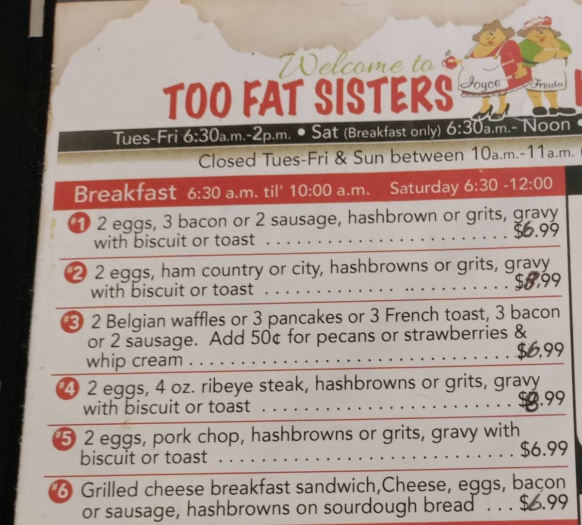 Menu at Too Fat Sisters restaurant, Tuscumbia