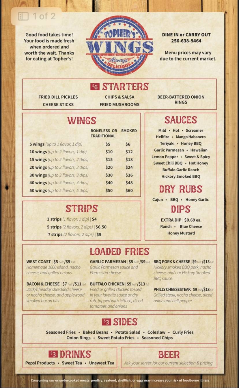 Menu at Topher's Wings BBQ, Rainsville