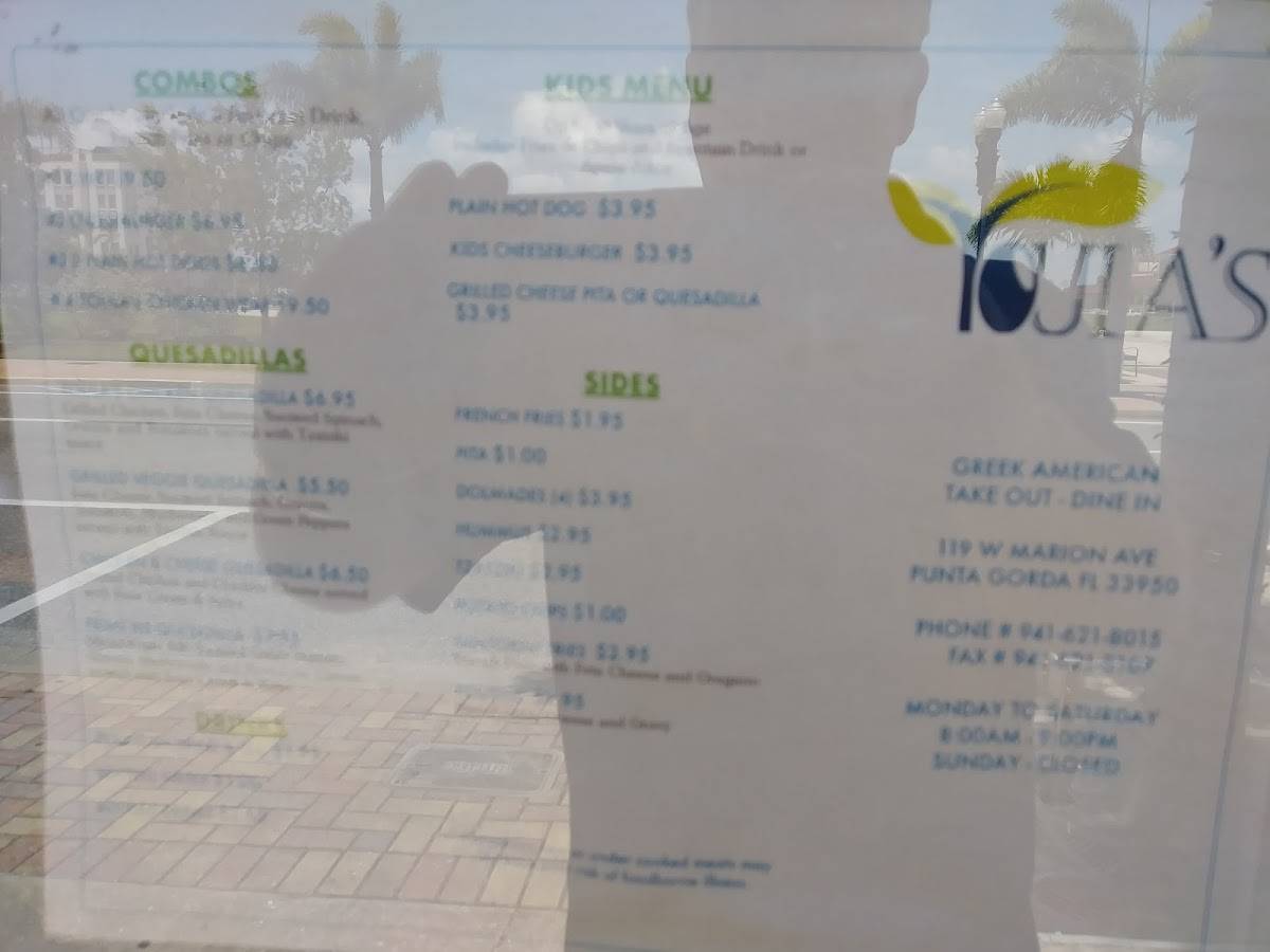Menu at Toula's restaurant, Punta Gorda