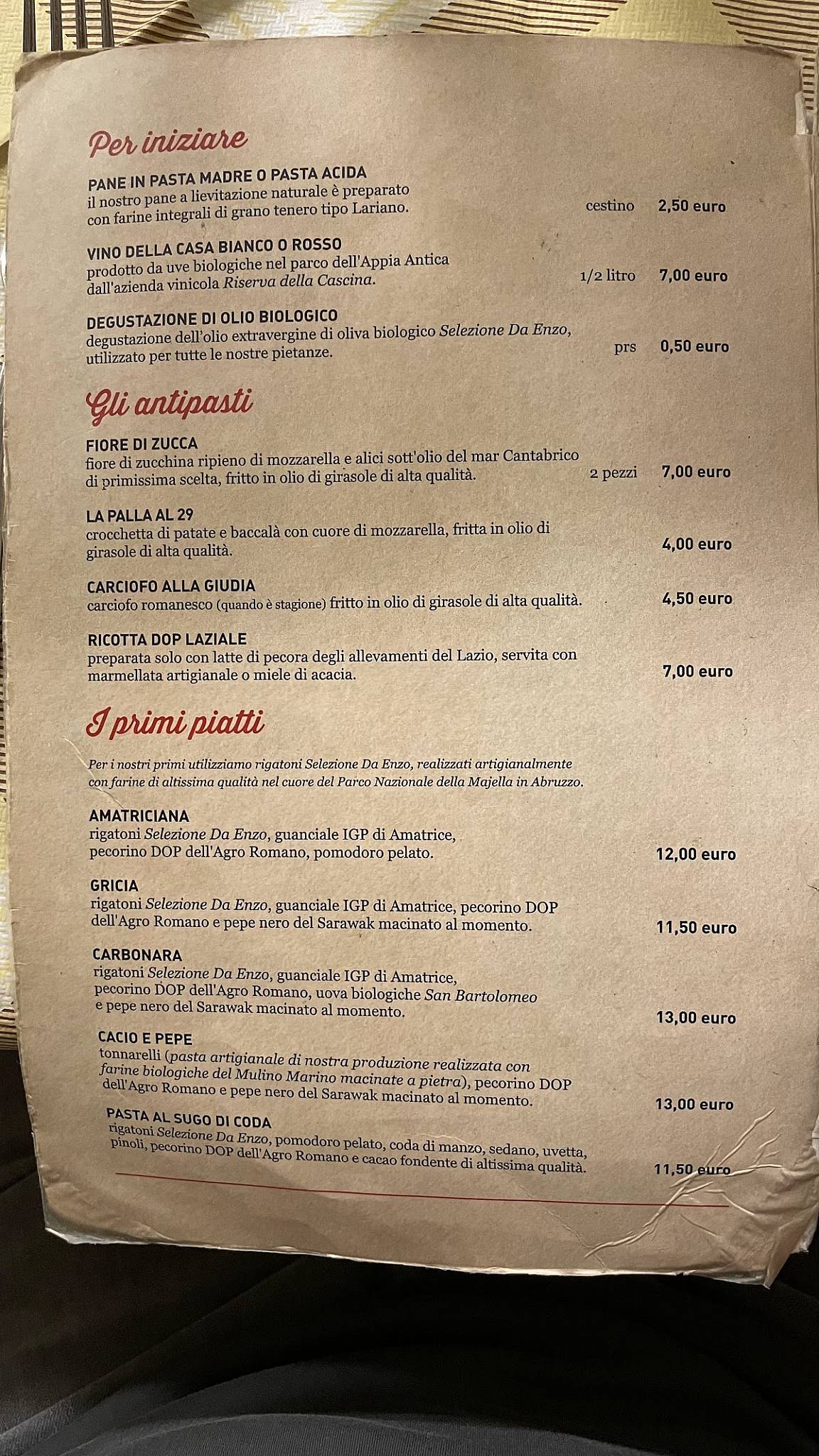 Menu at Trattoria Da Enzo al 29 restaurant, Rome