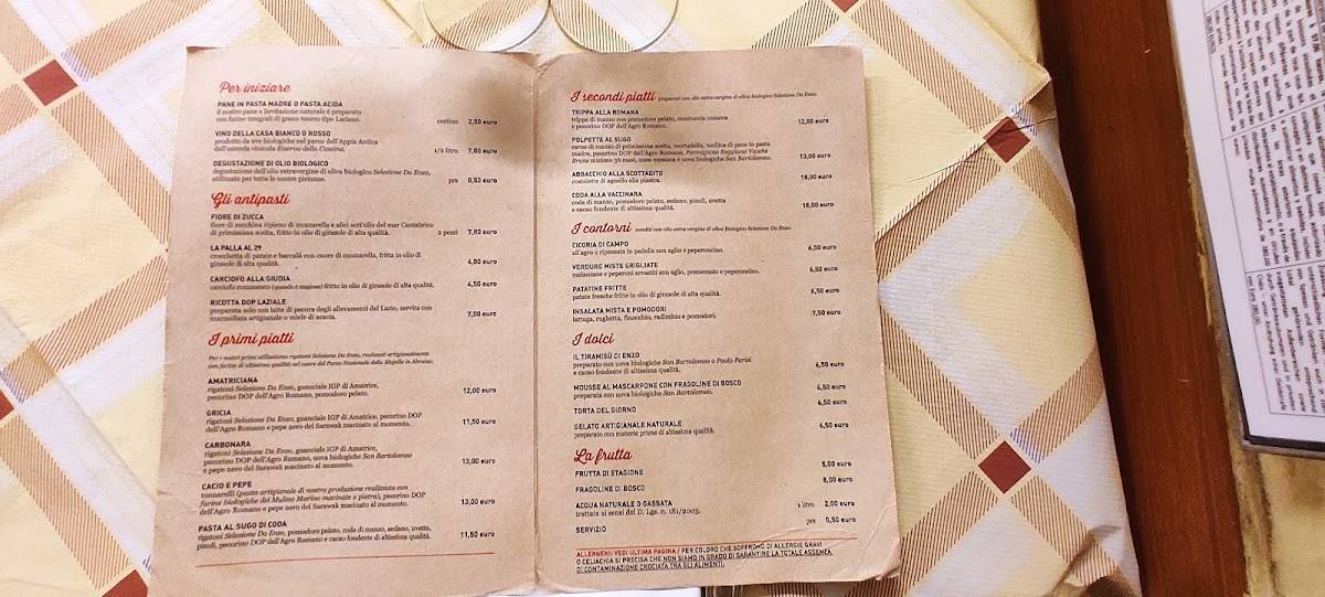 Menu at Trattoria Da Enzo al 29 restaurant, Rome