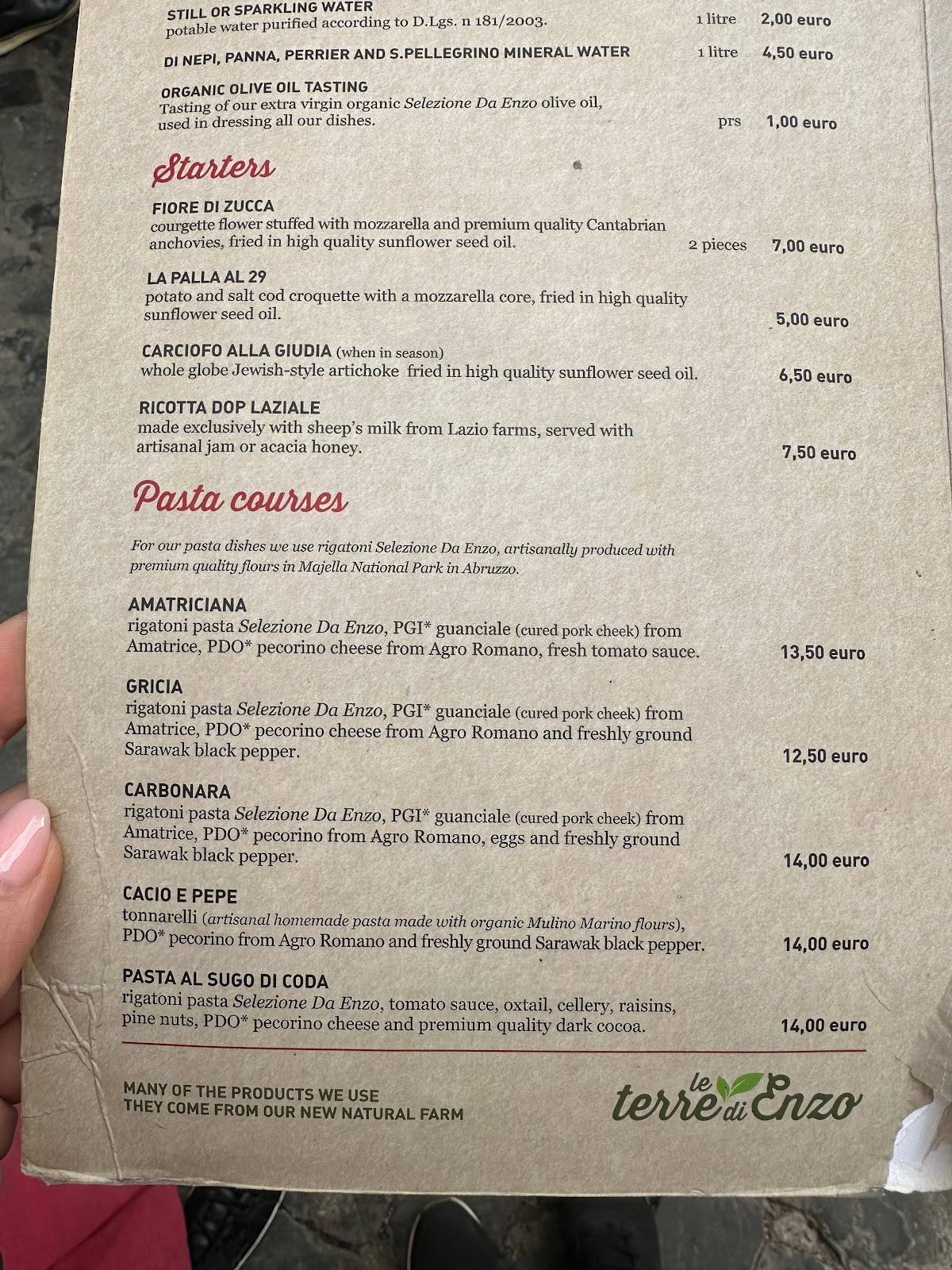 Menu at Trattoria Da Enzo al 29 restaurant, Rome