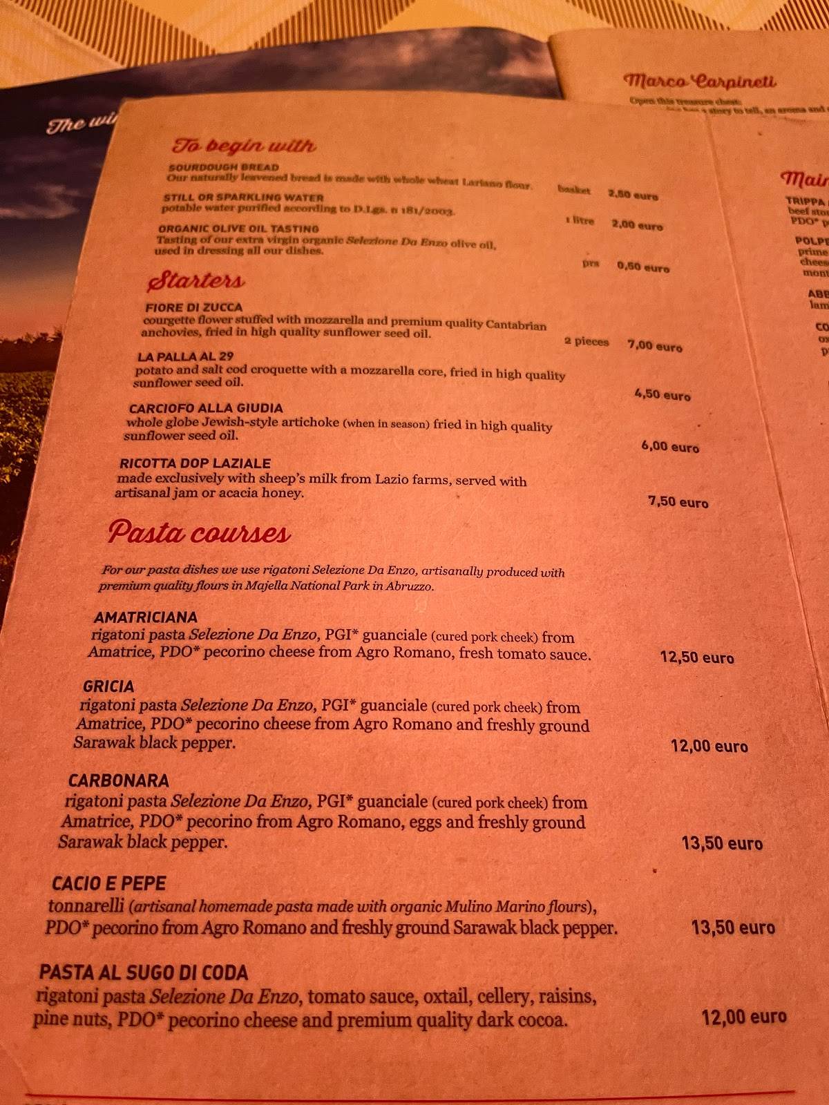 Menu at Trattoria Da Enzo al 29 restaurant, Rome