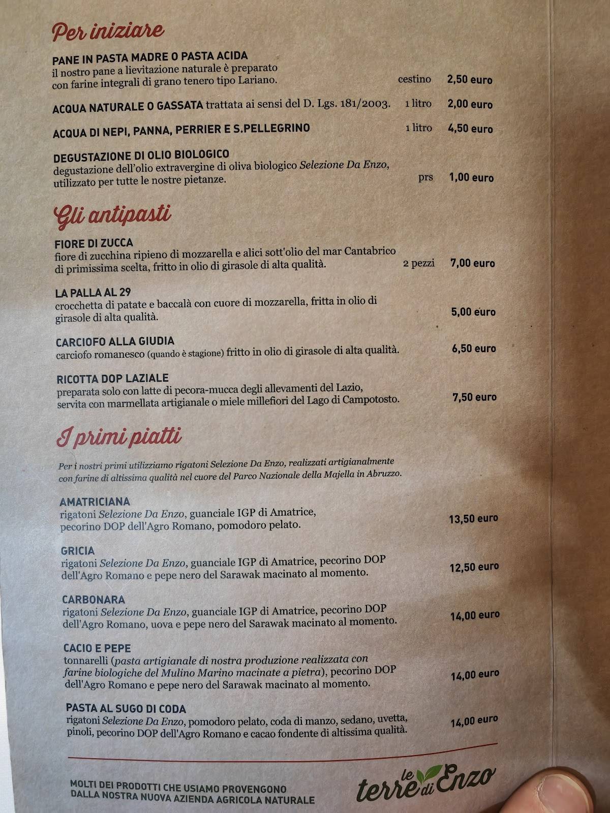 Menu at Trattoria Da Enzo al 29 restaurant, Rome