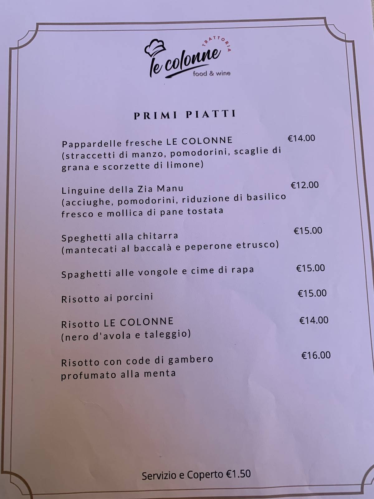 Speisekarte von Trattoria Le Colonne restaurant, Lomazzo