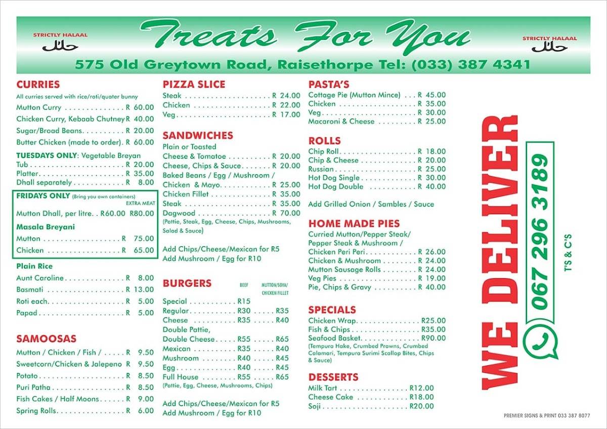 Menu at Treats For You (Raisethorpe) cafe, Pietermaritzburg, Shop 4