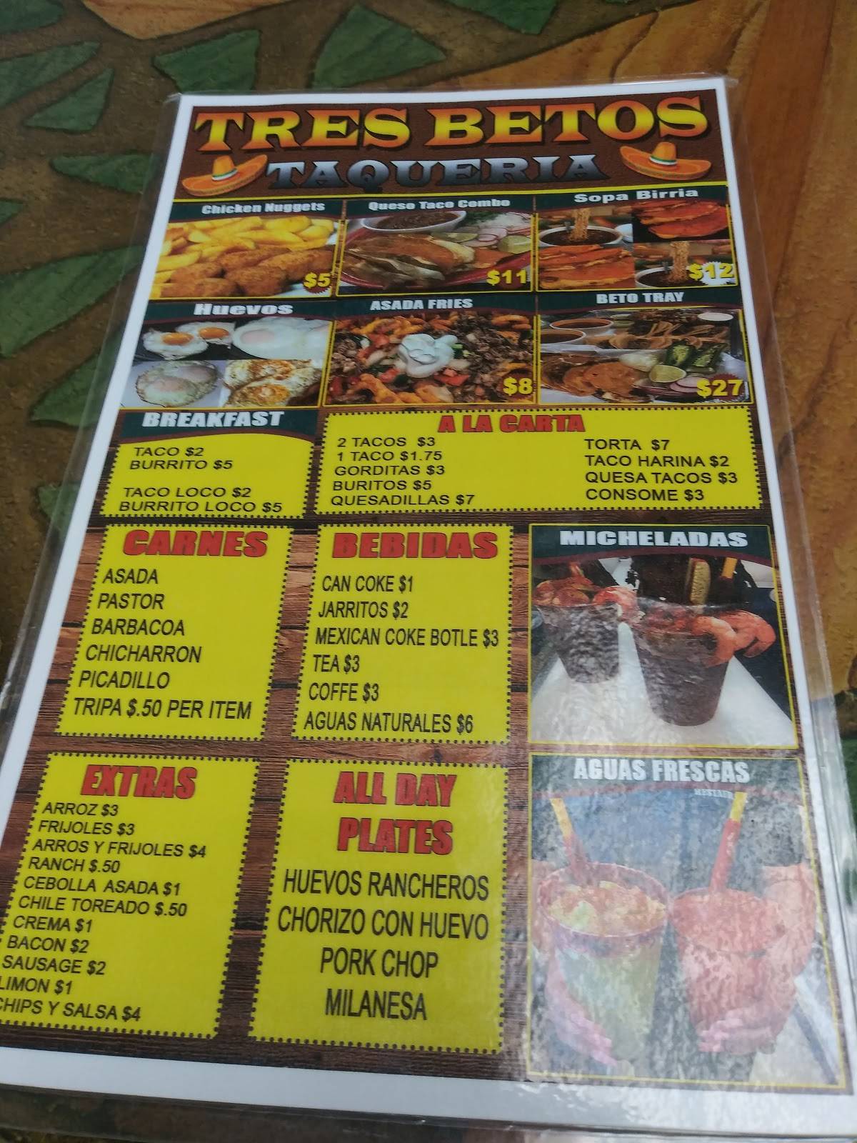 Menu at Tres Betos Taqueria restaurant, Fort Worth