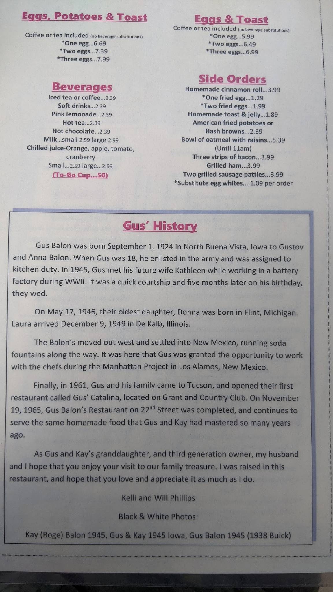 Menu at Gus Balon's Restaurant, Tucson