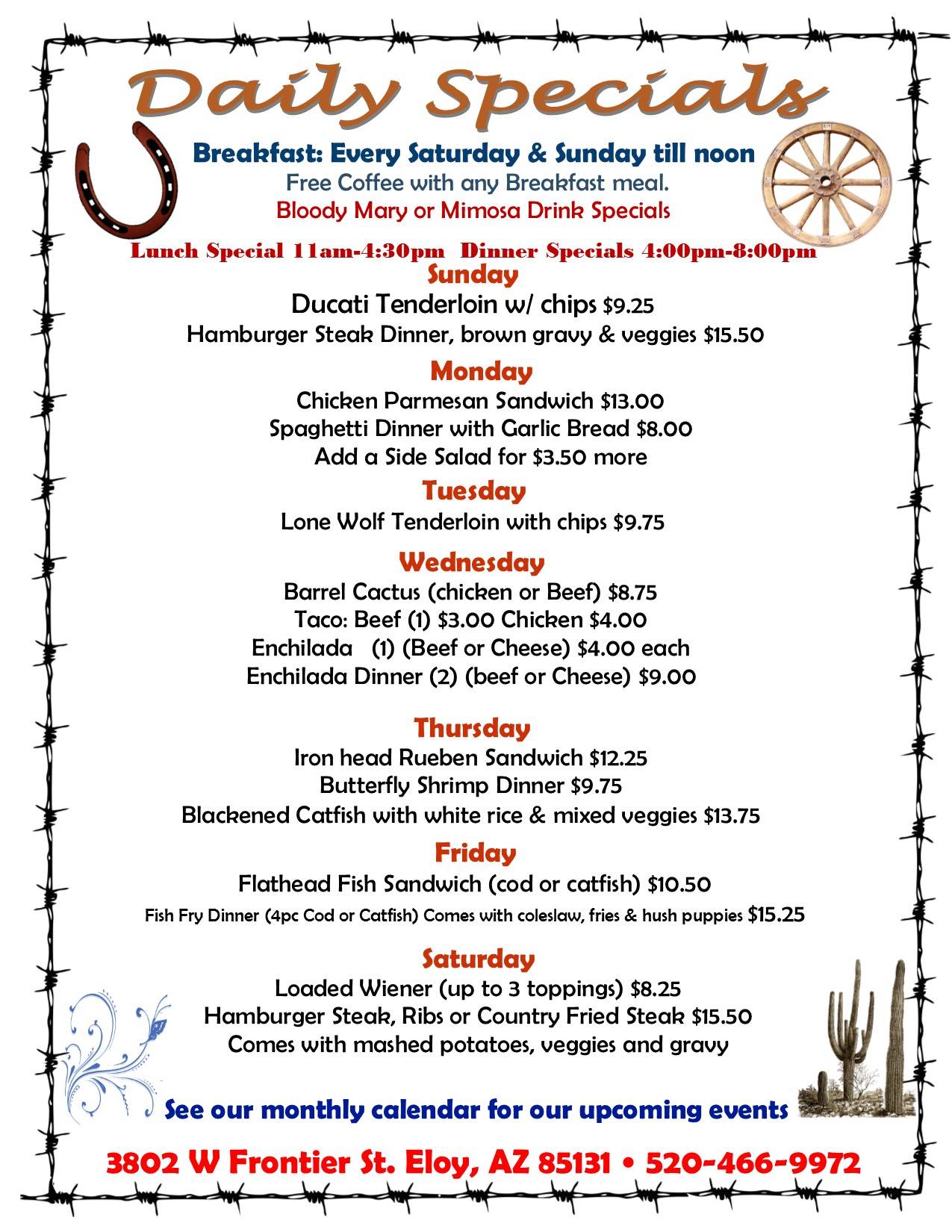 Menu at Tumbleweed Inn pub & bar, Eloy