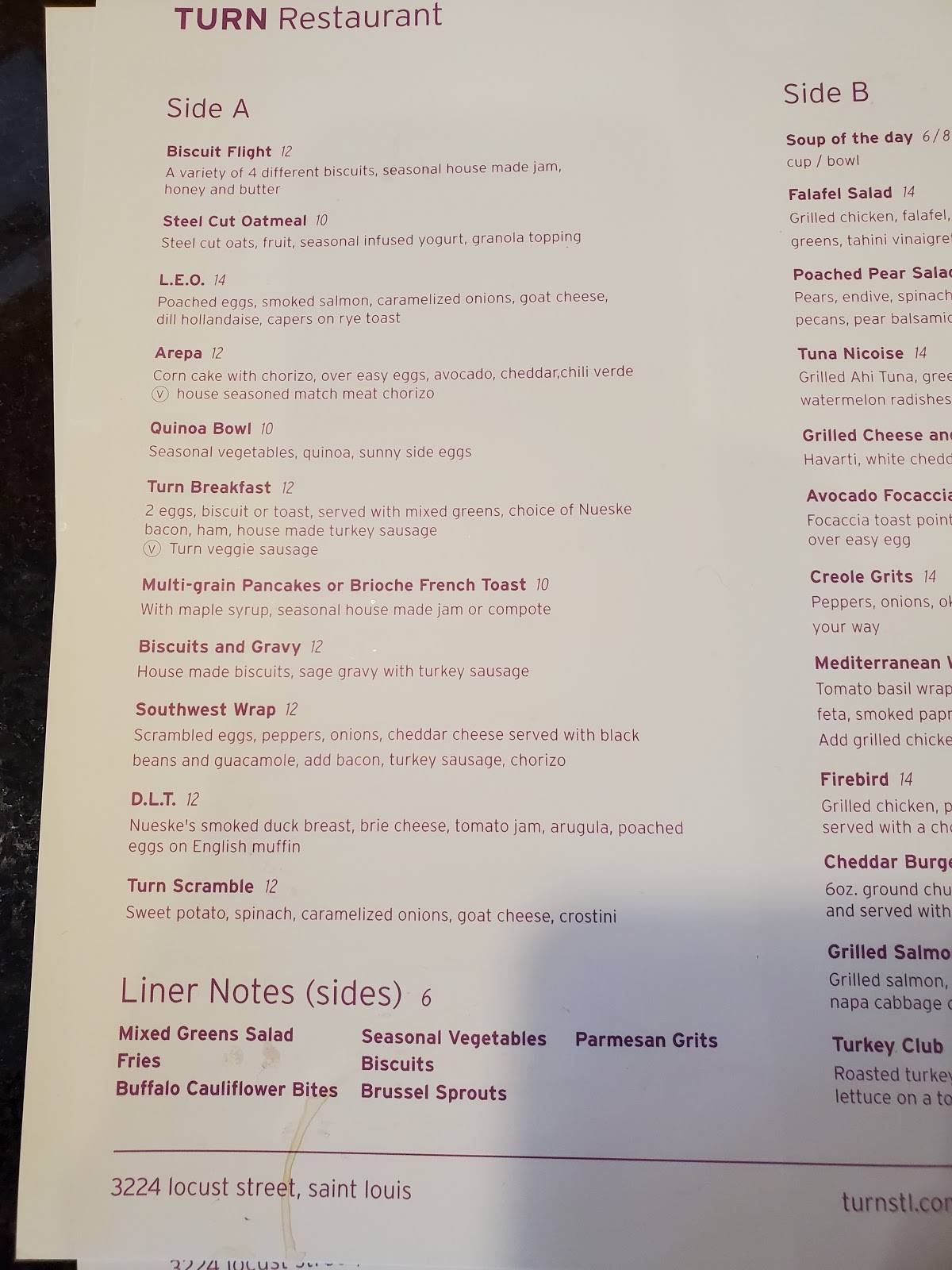 Menu at Turn restaurant, St. Louis