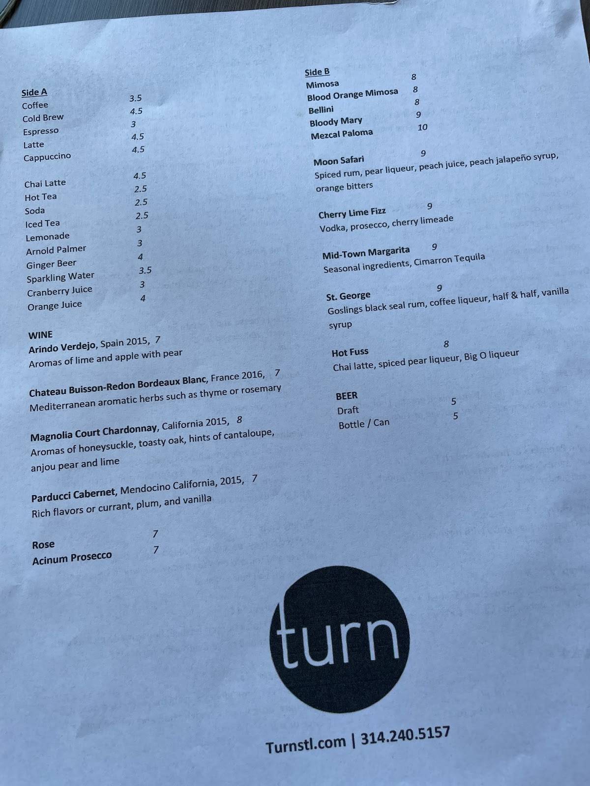Menu at Turn restaurant, St. Louis