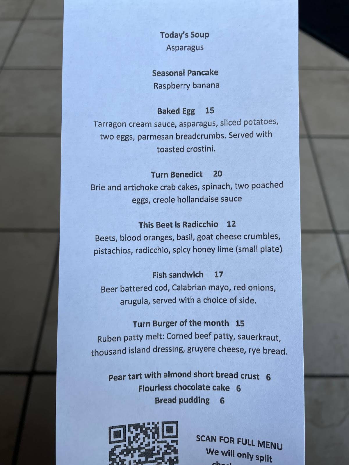 Menu at Turn restaurant, St. Louis