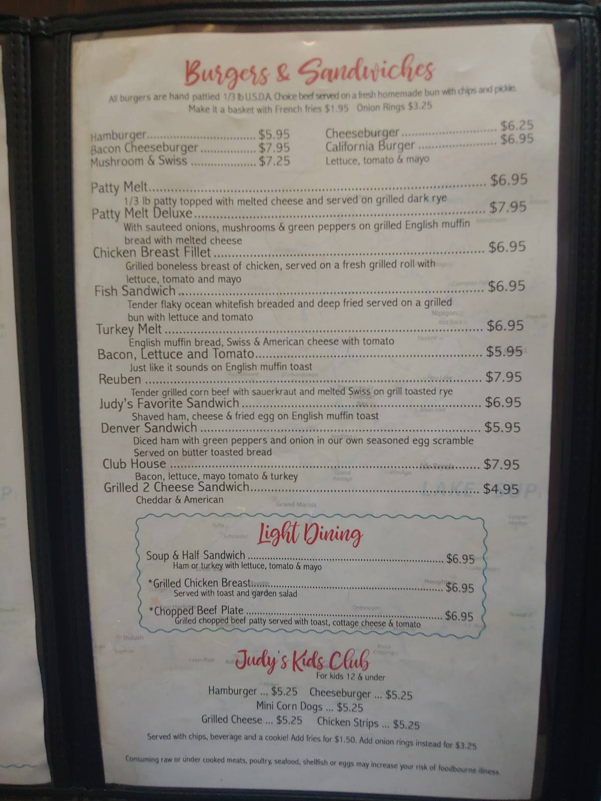 Menu at Judy's Cafe, Two Harbors, 623 7th Ave